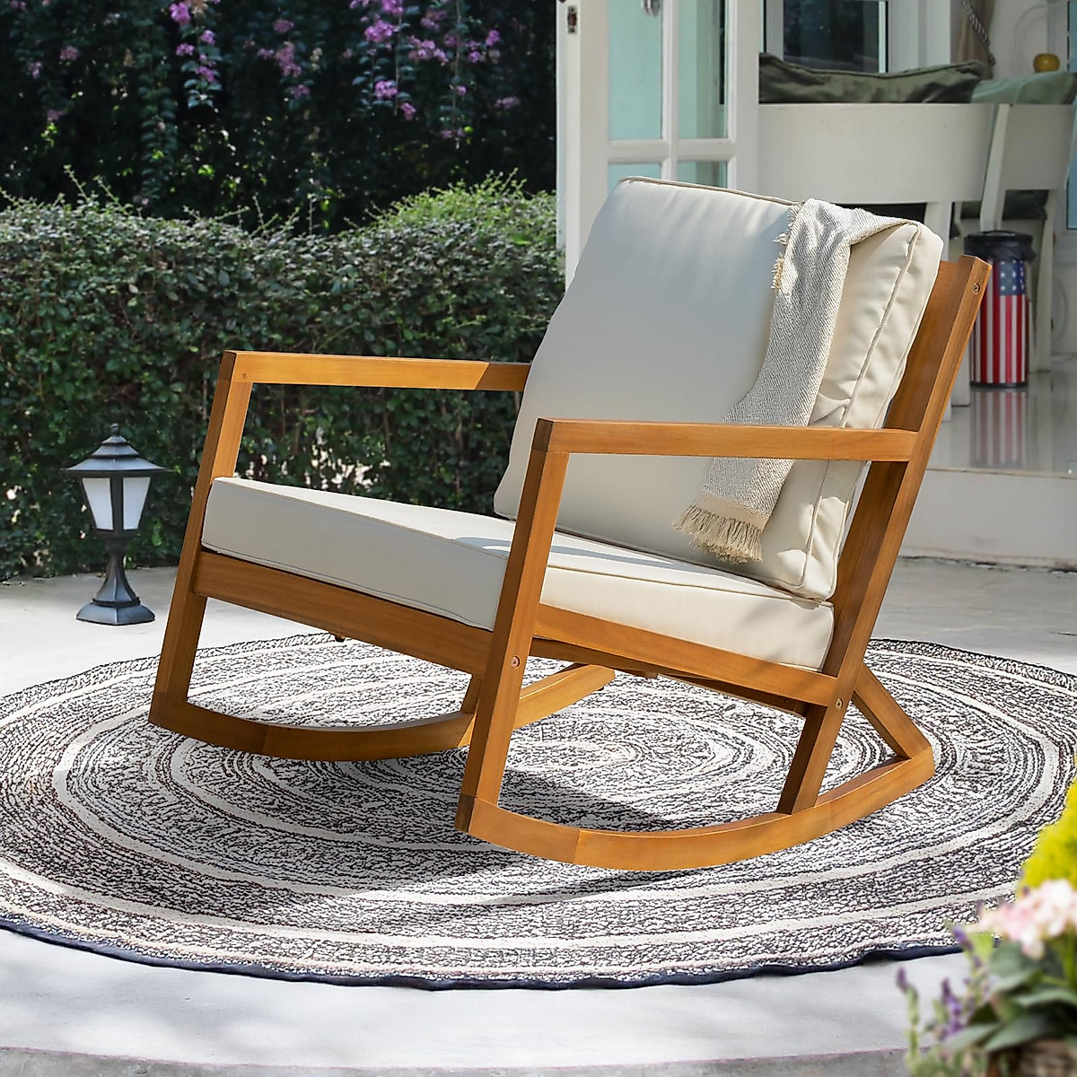 IDZO Premium Club Rocking Chairs 500lbs Capacity with Inclined Backrest, Thick Foam, Solid Acacia Wood Rocker for Patio, Backyard, Balcony, Porch, Beige - 2 Cushions