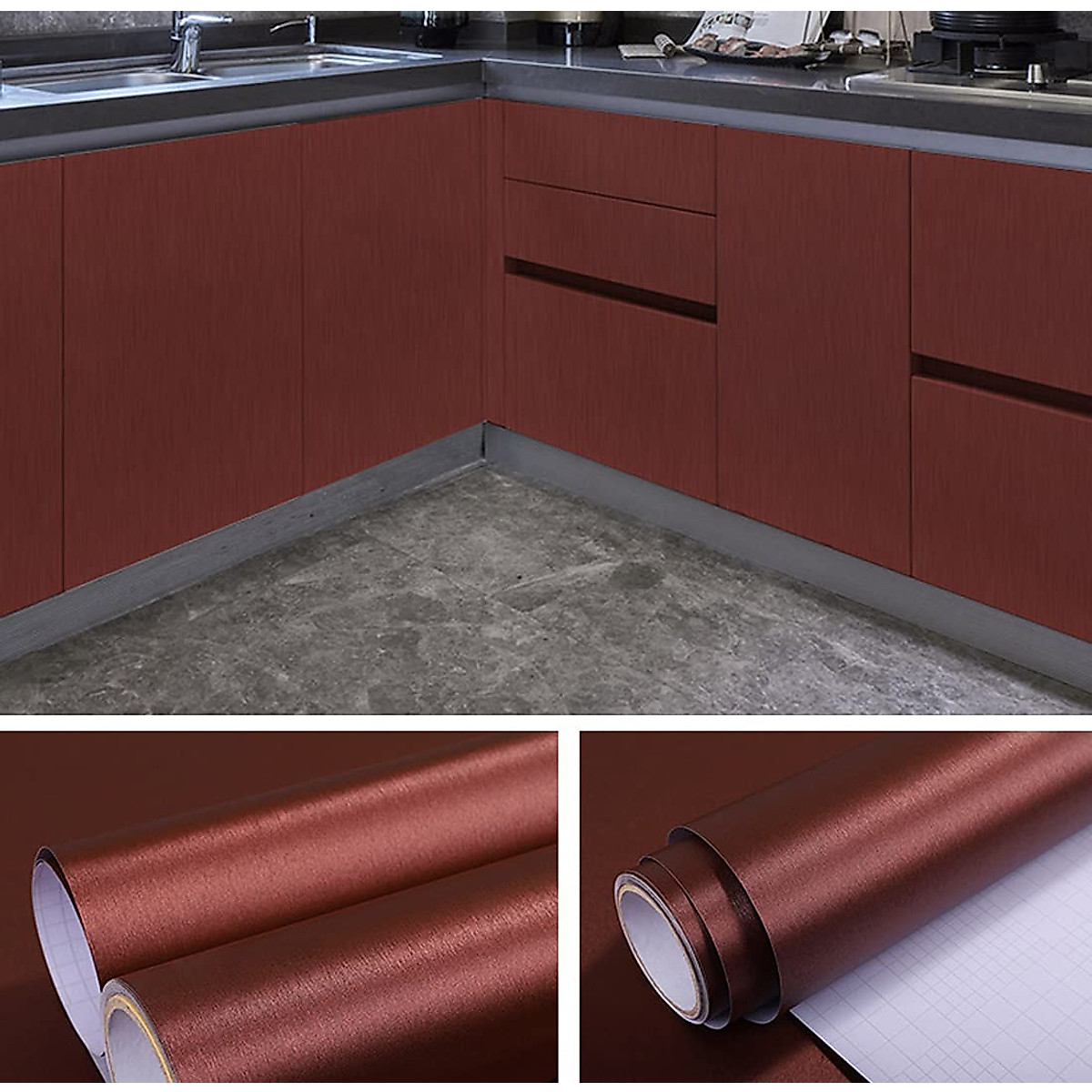 Maroon Metal Contact Paper 16" x 117" Peel and Stick Brushed Film Drawer Countertop Sticker Self Adhesive Shelf Paper Drawer Liner