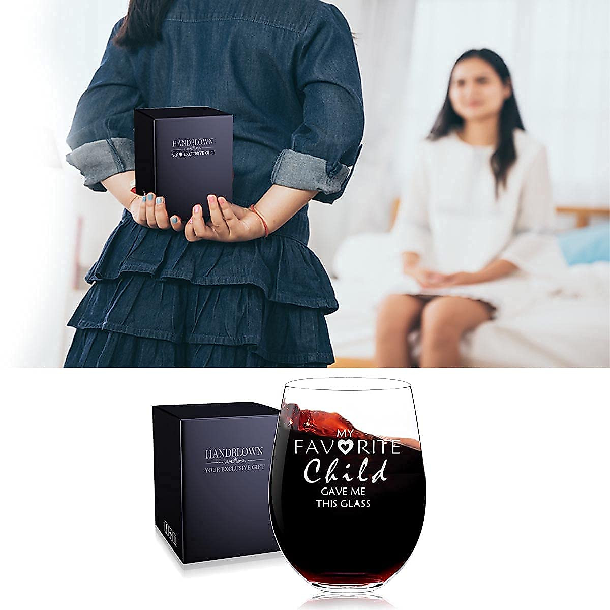 Birthday Fathers Mothers Day Gifts from Daughter Son Kids Best Christmas Gift for Mom Dad Funny Stemless Wine Glass My Favorite Child Gave Me Laser Engraved 19oz