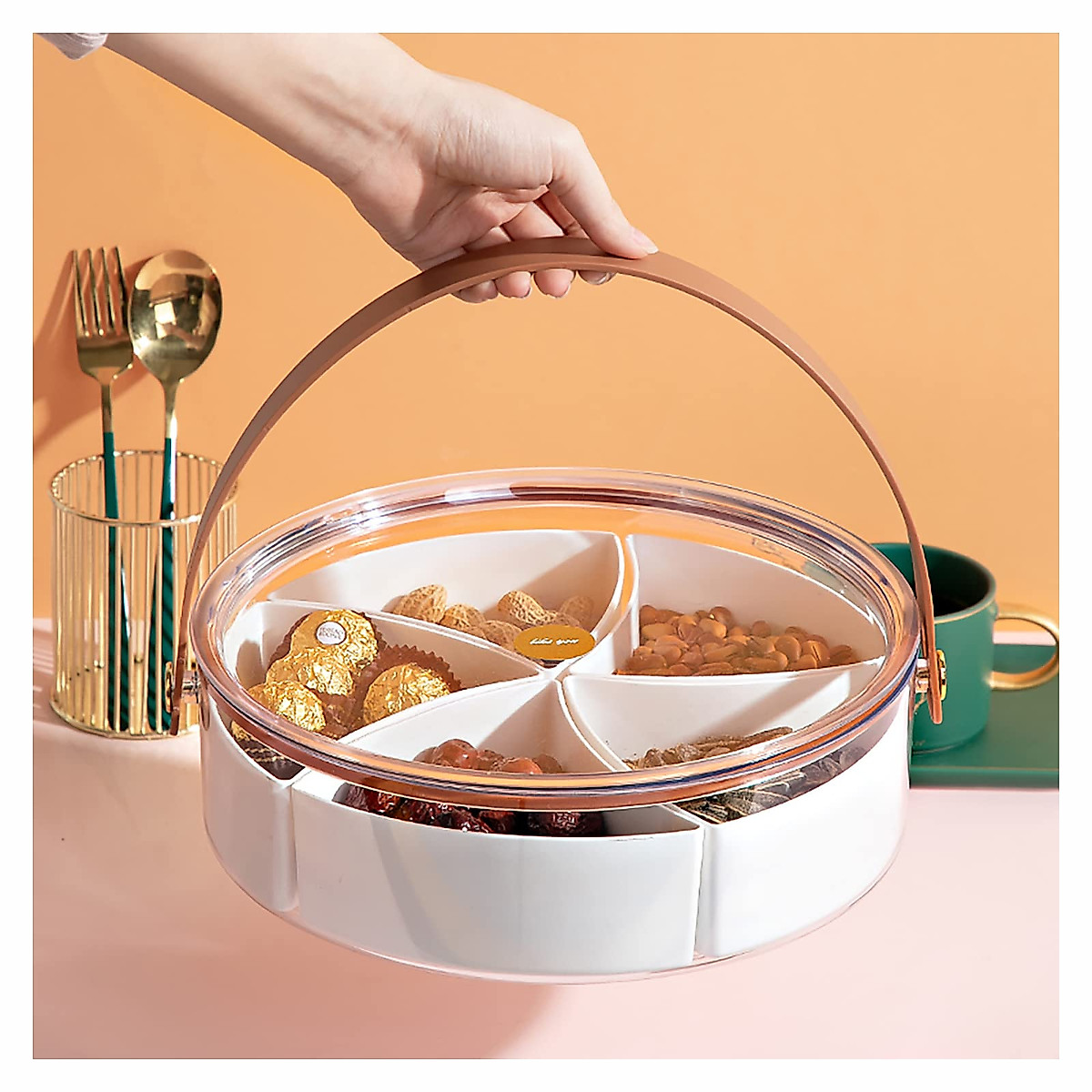 Clear Divided Serving Tray with Lid & Handle, Portable Round Plastic Veggie Tray, Platter Food Storage Container Box for Candy, Appetizer, Snack, Dried Fruit, Nuts, Vegetable, Party