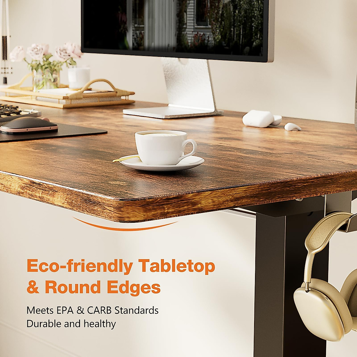 Sweetcrispy Standing Desk Adjustable Height, 48inch Electric Sit Stand up Desk for Home Office, Modern Rising Work Table for Computer Laptop, Lift Gaming Desk Sturdy Ergonomic Workstation, Rust Brown