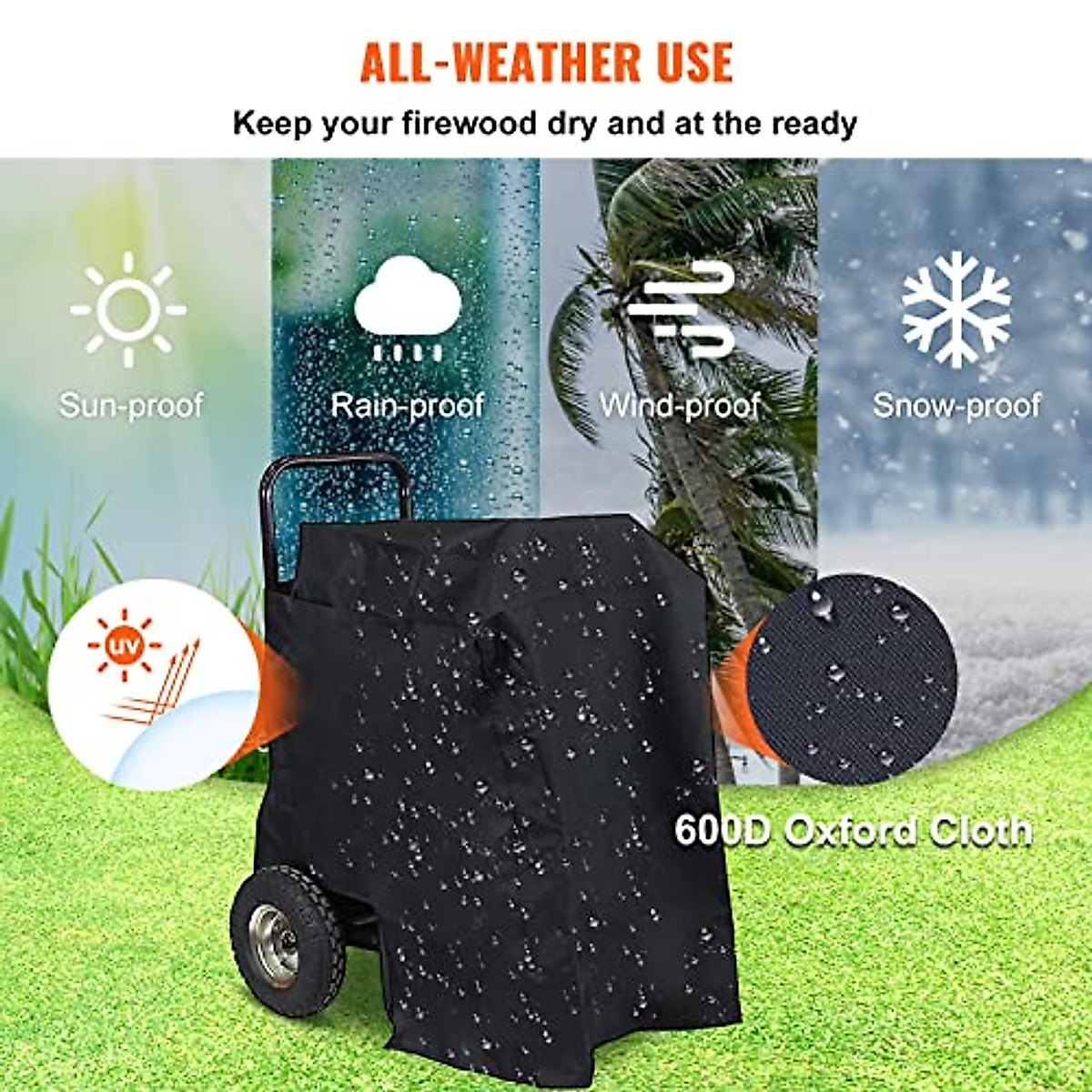 VEVOR Firewood Cart, 220 lbs Weight Capacity, Wood Carrier with Wheels, Binding Rope and Water-proof Tarp, Utility Log Rack for Storage and Move, Dolly Hauler for Indoor and Outdoor Fireplace, Black