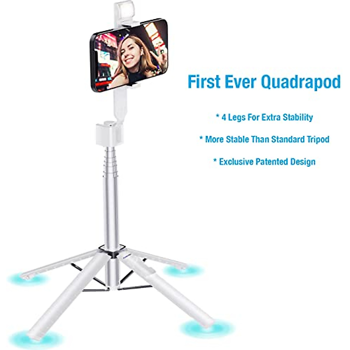 Fugetek 40'' Quadrapod Lighted Selfie Stick Stand, Lightweight 7oz, Wireless Bluetooth Remote, Patented Ultra Stable 4 Legs, 3 Onboard Light Modes, Compatible with iPhone & Android (White)