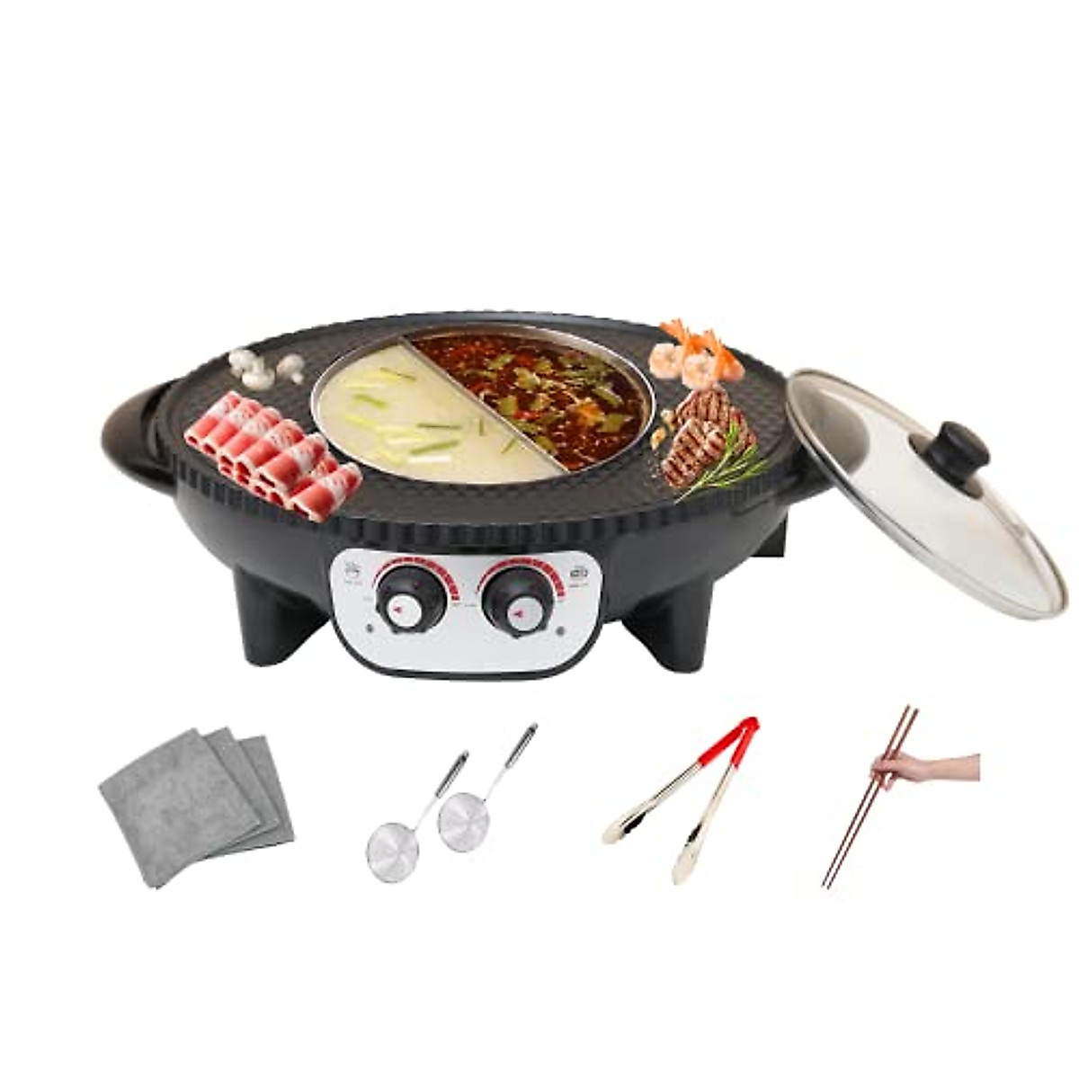 Soup N Grill C2 Circular Edition Hotpot Grill Combo Indoor Korean BBQ, Shabu Shabu Electric Hot Pot with Divider, Portable with Free Strainer Scoops, Extra Long Chopsticks, Tongs, Cloths, Smokeless Grill