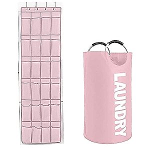 Gorilla Grip Over The Door Mesh Pocket Shoe Organizer and Laundry Basket, 24 Pocket Shoe Organizer and 115L Laundry Basket both in Pink Color, 2 item Bundle