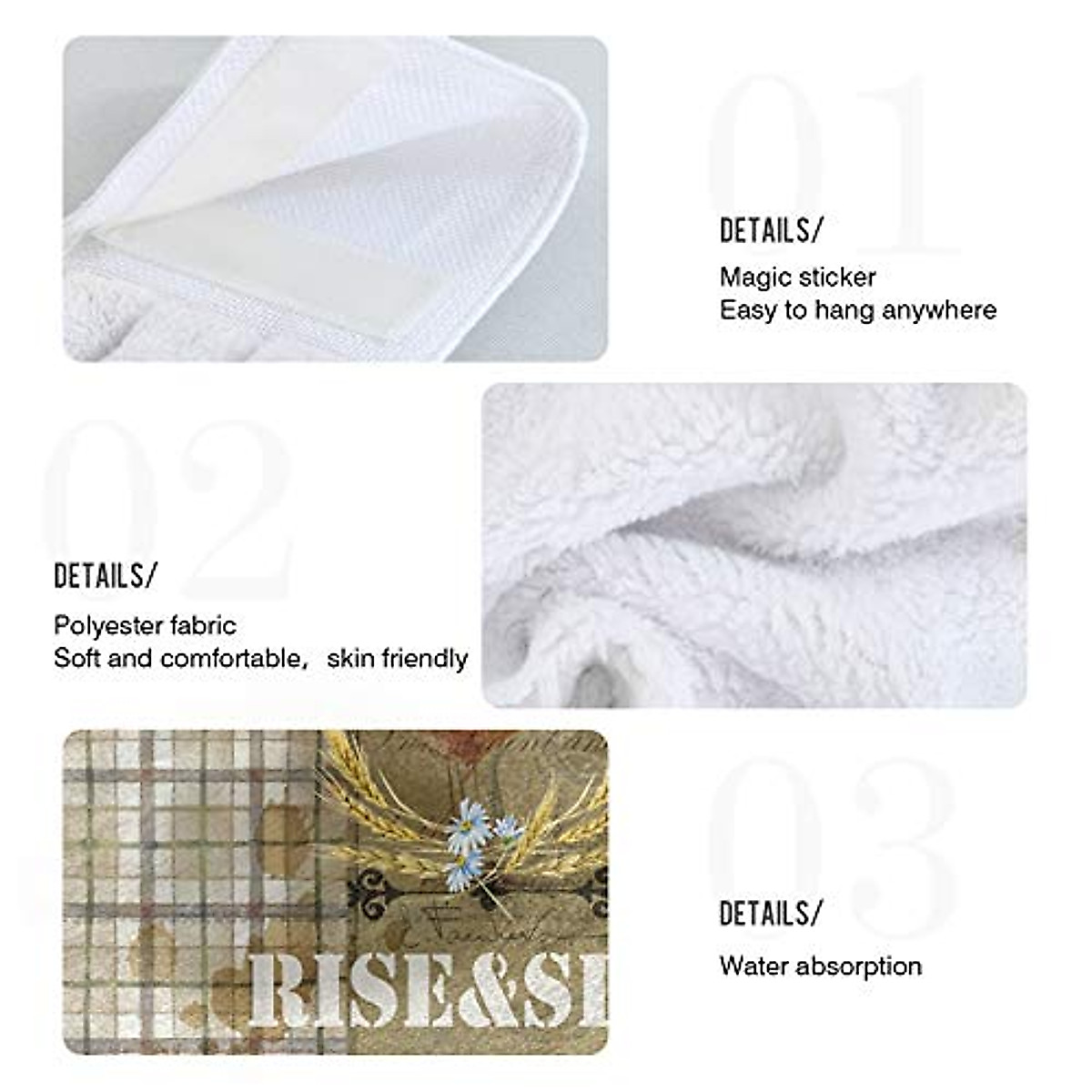 Rooster Daisy Plaid Kitchen Hanging Towel 12 x 17 Inch Flowers Chicken Wheat Hand Tie Towels Set 2 Pcs Tea Bar Dish Cloths Dry Towel Soft Absorbent Durable for Bathroom Laundry Room Decor