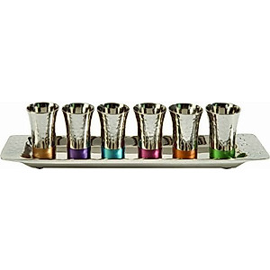 Yair Emanuel - Kiddush Cup Goblet Set of 6 Small Kiddush Cups and Tray Nickel Hammerwork Multicolor (GA-2)