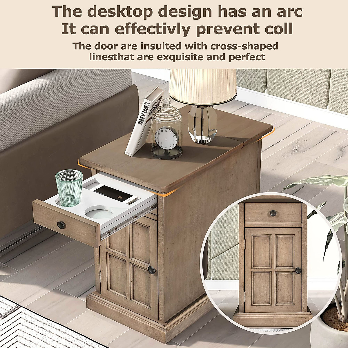 P PURLOVE Classic Vintage Living Room End Table, Wooden Side Table with USB Ports and One Multifunctional Drawer with Cup Holders (Antique Brown)