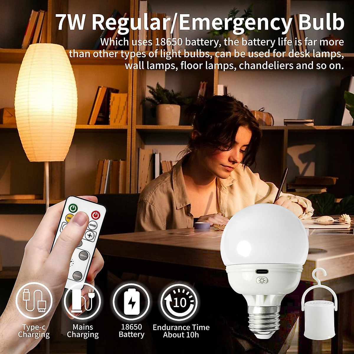 Rechargeable Light Bulbs, Battery Operated Light Bulb with Remote E26 LED Emergency Lightbulbs Warm White CCT with Timer Dimmable for Wall Wireless Sconce, Power Outage, Home, Porch (2 Lightbulbs)