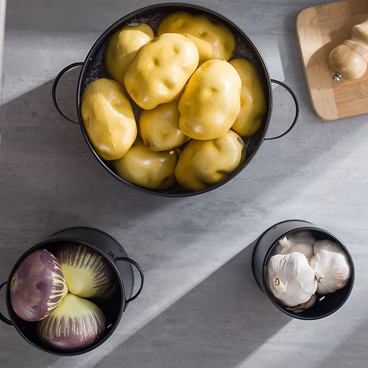 3Pcs Potato and Onion Storage Bin Set, Kitchen Vegetable Storage Tins, Onion Storage Garlic Keeper, Carbon Steel Farmhouse Potatoes Holder for Potatoes, Onions (Black)