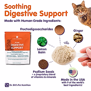 Dr. Bill's Feline Digestive Support Cat Prebiotics and Probiotics with Ginger Root, Psyllium Husk, Lemon Balm & More | 41 Active Ingredients for Better Digestion & Gut Health | Made in The USA
