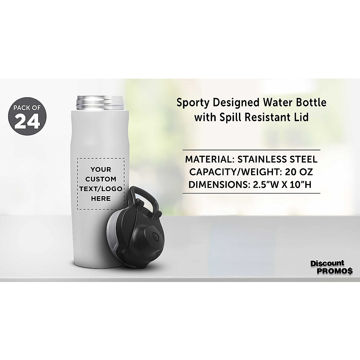 DISCOUNT PROMOS Custom Juno Water Bottles with Flip Lid 20 oz. Set of 24, Personalized Bulk Pack - Reusable, Great for Gym, Hiking, Cycling and for School - White