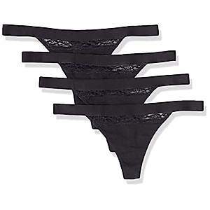 Amazon Essentials Women's Cotton and Lace Thong Underwear, Pack of 4, Black, X-Small