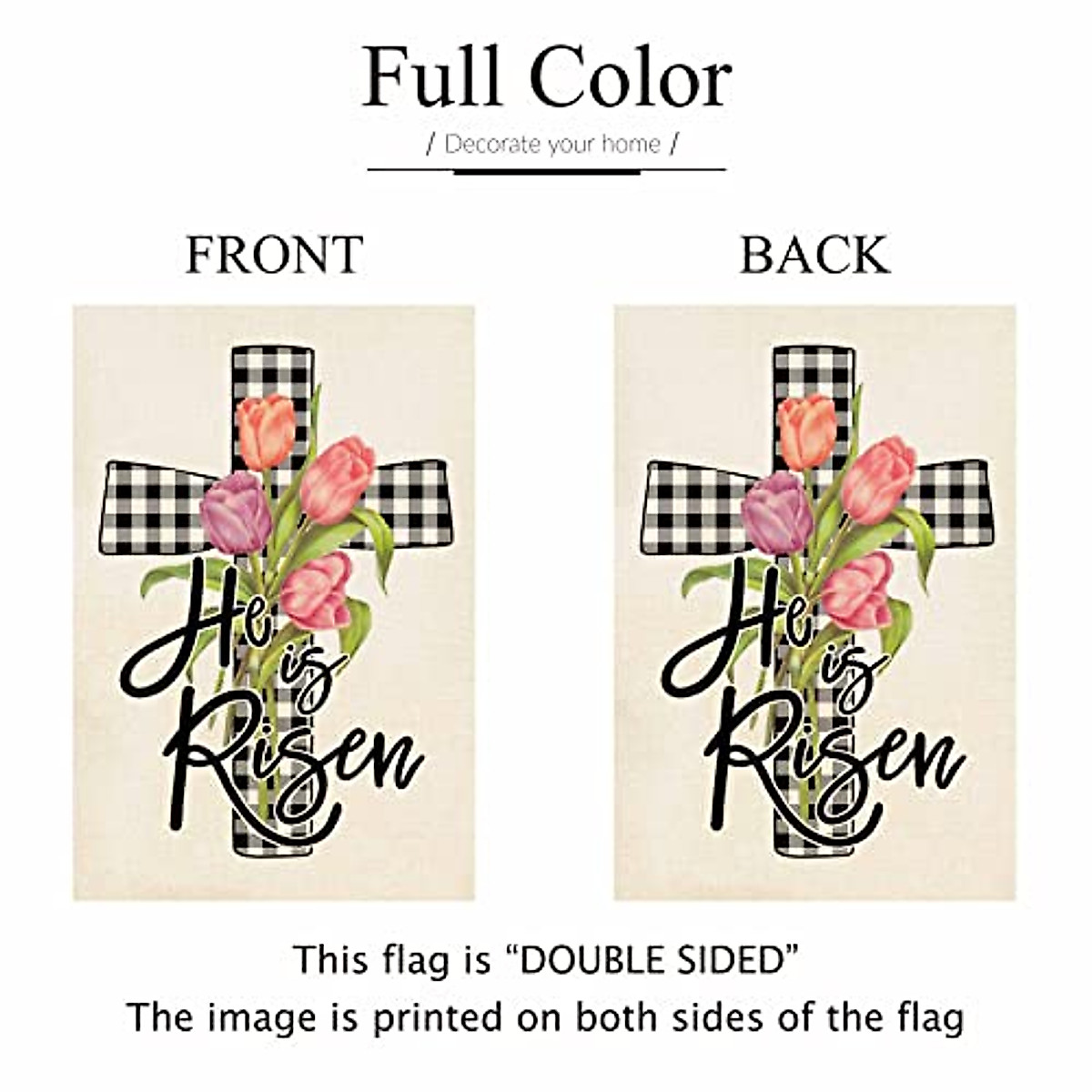 ORTIGIA Easter Cross Garden Flag Double Sided Buffalo Plaid Cross Tulip Flowers He is Risen Religious Garden Flag Spring Seasonal Outdoor Outside Yard Lawn Decoration 12x18 Inch