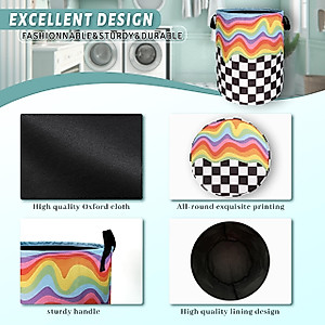 Rainbow Grey White Plaid Laundry Hamper Colorful Hippie Funny Laundry Basket With Handles Foldable Oxford Cloth Tote Bag Clothe Toy Storage Bucket 18.9x16.5For Bathroom/Laundry/Bedroom