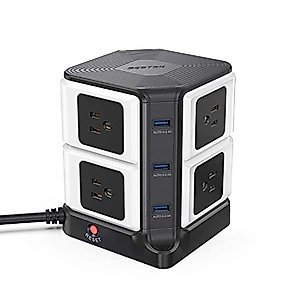 USB Power Strip Tower BESTEK 8-Outlet Surge Protector and 3-Port USB Charging Dock Station,300 Joules,ETL Listed,Dorm Room Accessories (Black and White)