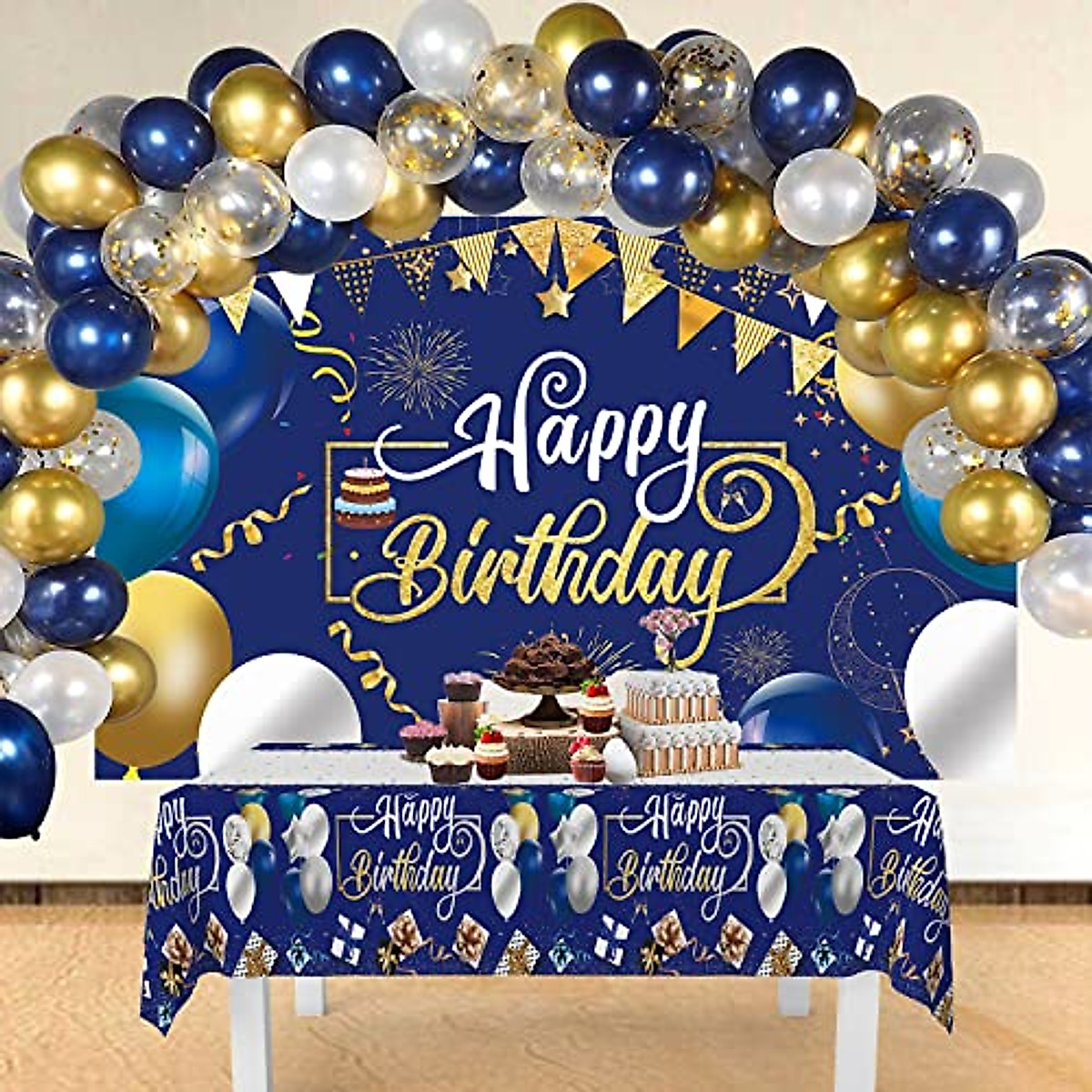 Gold Blue White Happy Birthday Extra Large Fabric Sign Poster Banner Backdrop Waterproof tablecloths Metallic Shiny Latex Balloons for Birthday Party Background Decoration