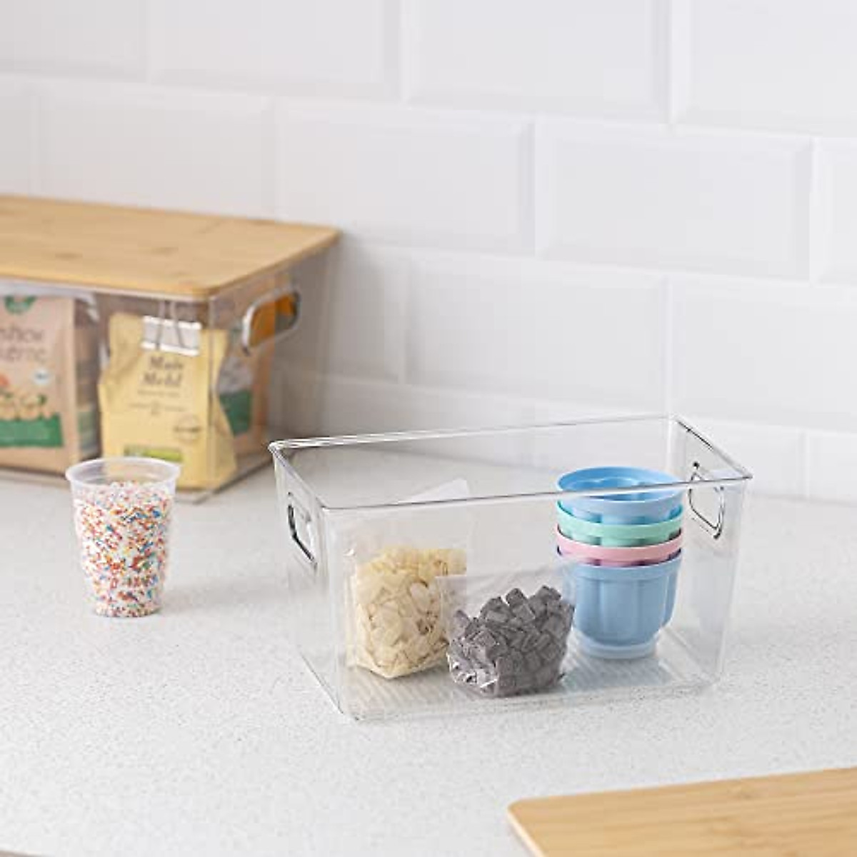 Navaris Transparent Plastic Storage Boxes with Lids - Set of 3 Clear Stackable Household Organizing Containers Bins with Bamboo Lids - S, M, L