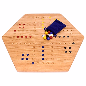 AmishToyBox.com Wahoo Wooden Marble Game Board Set - Large 24" Wide - Solid Oak Wood - Double-Sided - with Large 22mm Marbles and Dice Included