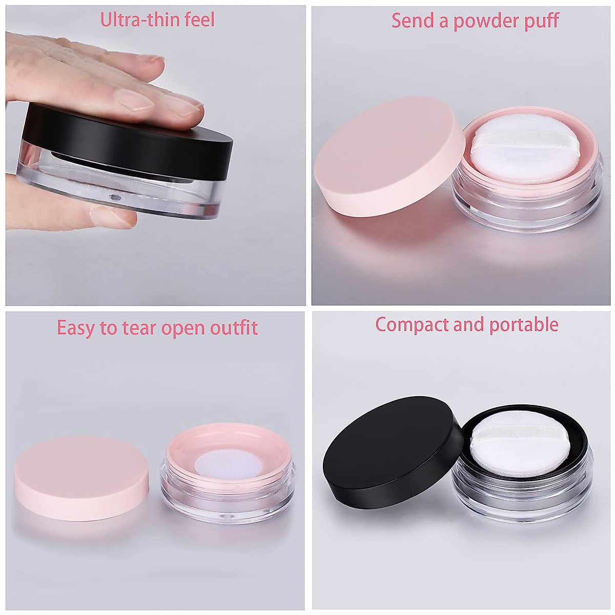 GIYOMI 2PCS Portable Loose Powder Container Makeup Case Travel Kit 10ml Compact Container DIY Makeup Powder Case with Sponge Powder Puff,Elasticated Net Sifter and Threaded Screw Lid(Black+Pink)