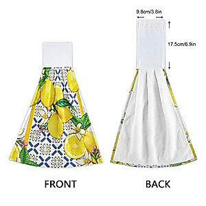 BOENLE Lemon Kitchen Hand Towels Set of 2 Yellow Mediterranean Tile Hanging Tea Towel Bathroom Soft Absorbent Coral Fleece Dish Wash Cloth Decorative
