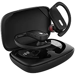 Wireless Earbuds Bluetooth Headphones, BD&M Sport Earphones with LED Display TWS Stereo Deep Bass Ear Buds with Earhooks Waterproof in-Ear Built-in Mic Headset for Running Workout - Black