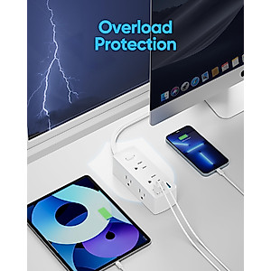 Flat Plug Power Strip, Olcorife Flat Extension Cord 5ft, 6 Outlets 3 USB Ports(1 USB C), 3-Side Outlet Extender Surge Protector for Home Office Travel Dorm Room Essentials, White