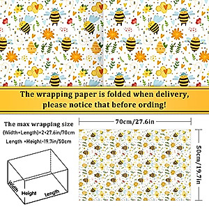 Whaline 12 Sheet Bee Wrapping Paper 4 Style Cute Bee Pattern Wrapping Paper Folded Buffalo Plaids Stripe Bee Art Paper 19.7 x 27.6in for Spring Summer Holiday Birthday Gift Wrap DIY Craft, Not Roll