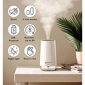GENIANI Portable Small Cool Mist Humidifiers 250ML - USB Desktop Humidifier for Plants, Office, Car, Baby Room with Auto Shut Off & Night Light - Quiet Mini Humidifier (White)