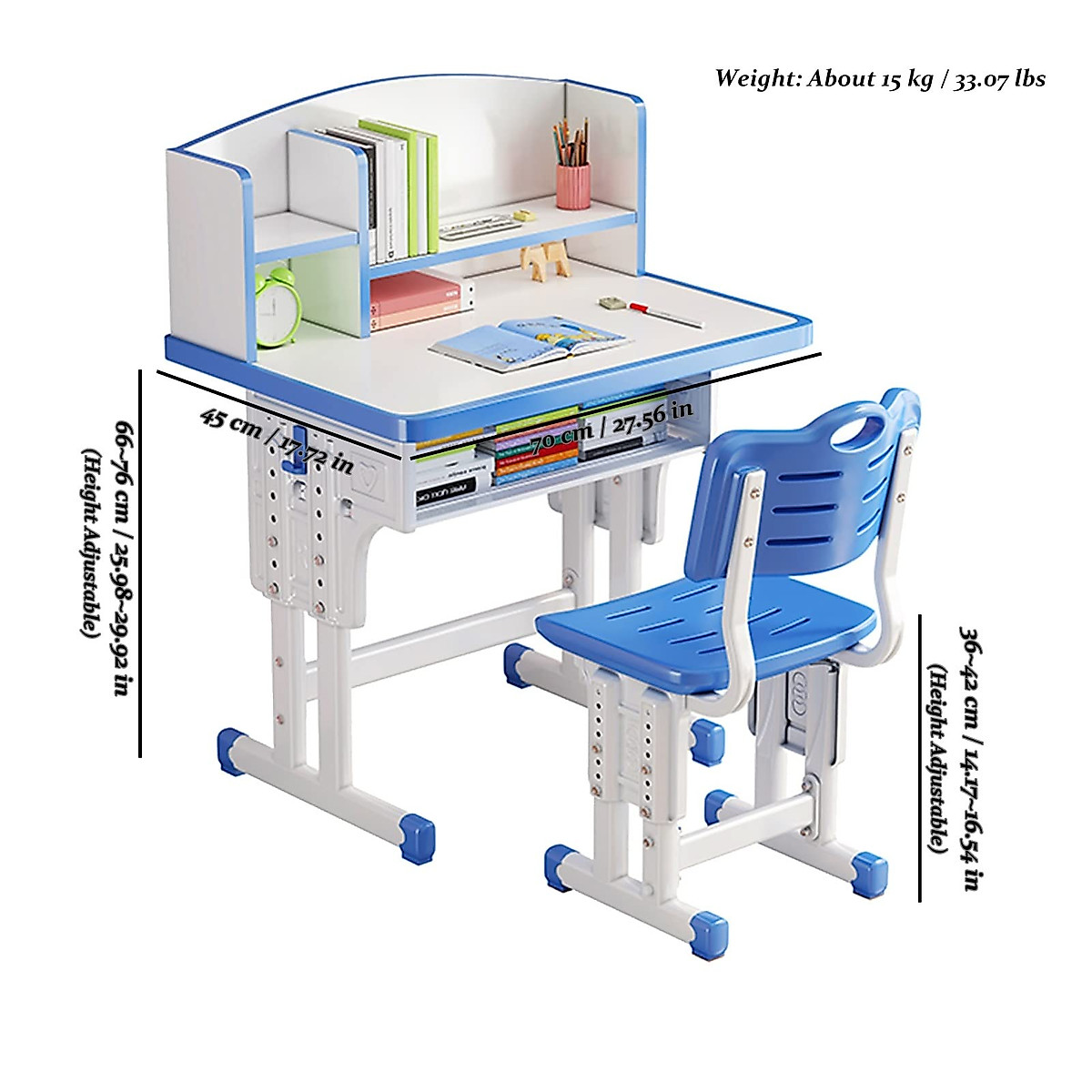 WGLAWL Kids' Study Desk Chair Sets, Blue, Adjustable Height, Ergonomic Design, with Large Storage Drawer and Bookshelf, Suitable for Ages 3-18