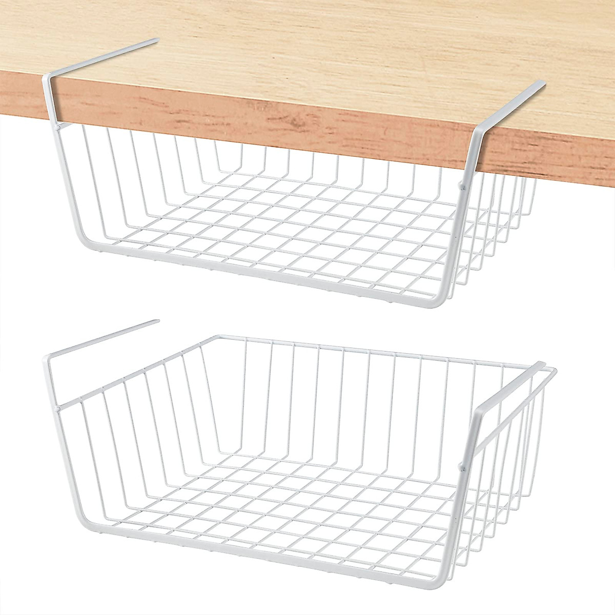 ELEATTRUN Under Shelf Basket, 2 x Medium Metal Wire Kitchen Storage Basket, Space Saving Sliding Organizer for Pantry, Cabinet & Closet Shelves, 22 lb Capacity, White