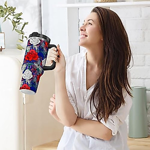 SDMKA 40oz Stainless Steel Tumbler with Straw and Handle, Vacuum Insulated Double-Walled Travel Mug, BPA-Free Leakproof Cup for Hot/Cold Beverages, Bold Red Roses