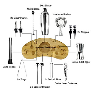 SUNPIN Cocktail Shaker Bartender Kit with Bamboo Stand, muddler for cocktails bar kit,24 oz Stainless Steel martini shaker, drink mixer,16-Piece bar set cocktail shaker set