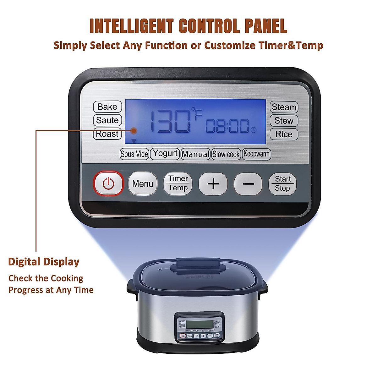 spoonlemon 6.5Qt 11-in-1 Multi Cooker, Digital Programmable Slow Cooker With Bake, Sauté, Roast, and Sous Vide functions, 1500W Timer&Temp Control,Dishwasher Safe Lid&Nonstick Inner Pot