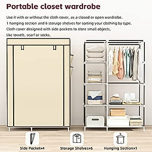 Calmootey Closet Storage Organizer,Portable Wardrobe with 6 Shelves and Clothes Rod,Non-Woven Fabric Cover with 4 Side Pockets,Beige