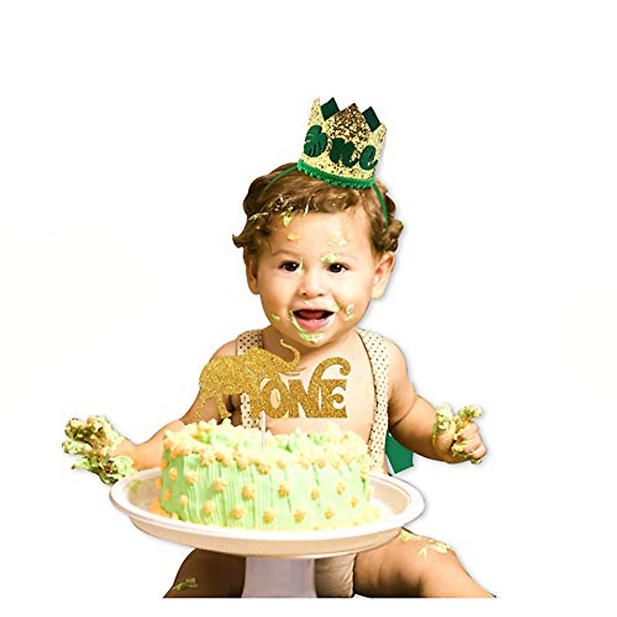 Ullovit First 1st Birthday Crown for Baby Boys Prince, Sparkle Gold Green Wild One Birthday Hat Headband Cake Smash Photo Decoration by Moonlightgo