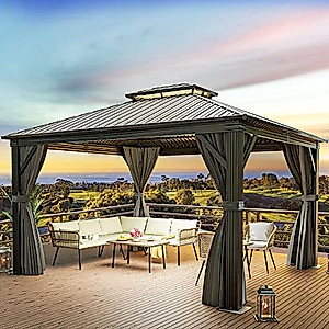YITAHOME 12x14ft Hardtop Gazebo with Nettings and Curtains, Heavy Duty Double Roof Galvanized Steel Outdoor Combined of Vertical Stripes Roof for Patio, Backyard, Deck, Lawns, Gray
