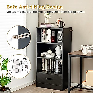Tangkula 3 Tier Bookcase with Drawer, 48”Tall Freestanding Bookshelf with 3 Open Shelves & 1 Drawer, Anti-toppling Devices, Modern Display Storage Organizer for Home Office (Black, 48" H)