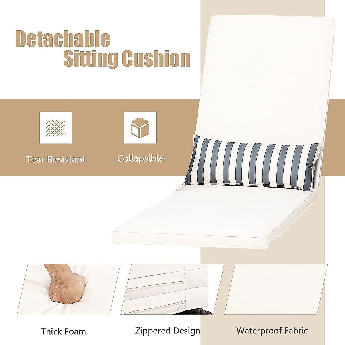 HAPPYGRILL PE Rattan Lounge Chair Outdoor Recliner Patio Chaise Lounger with Extra Waist Pillow, Reclining Chair with 6 Adjustable Gears for Outdoor Beach Pool Backyard