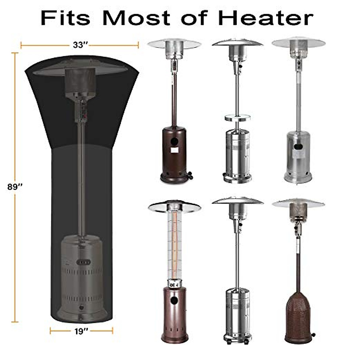 YOLIYOQU Standup Patio Heater Cover, 420D Heavy Duty Heater Cover with Zipper, Waterproof/Dustproof/Wind-Resistant/Sunlight-Resistant, for Outdoor/Patio (89'' H x 33" D x 19" B)