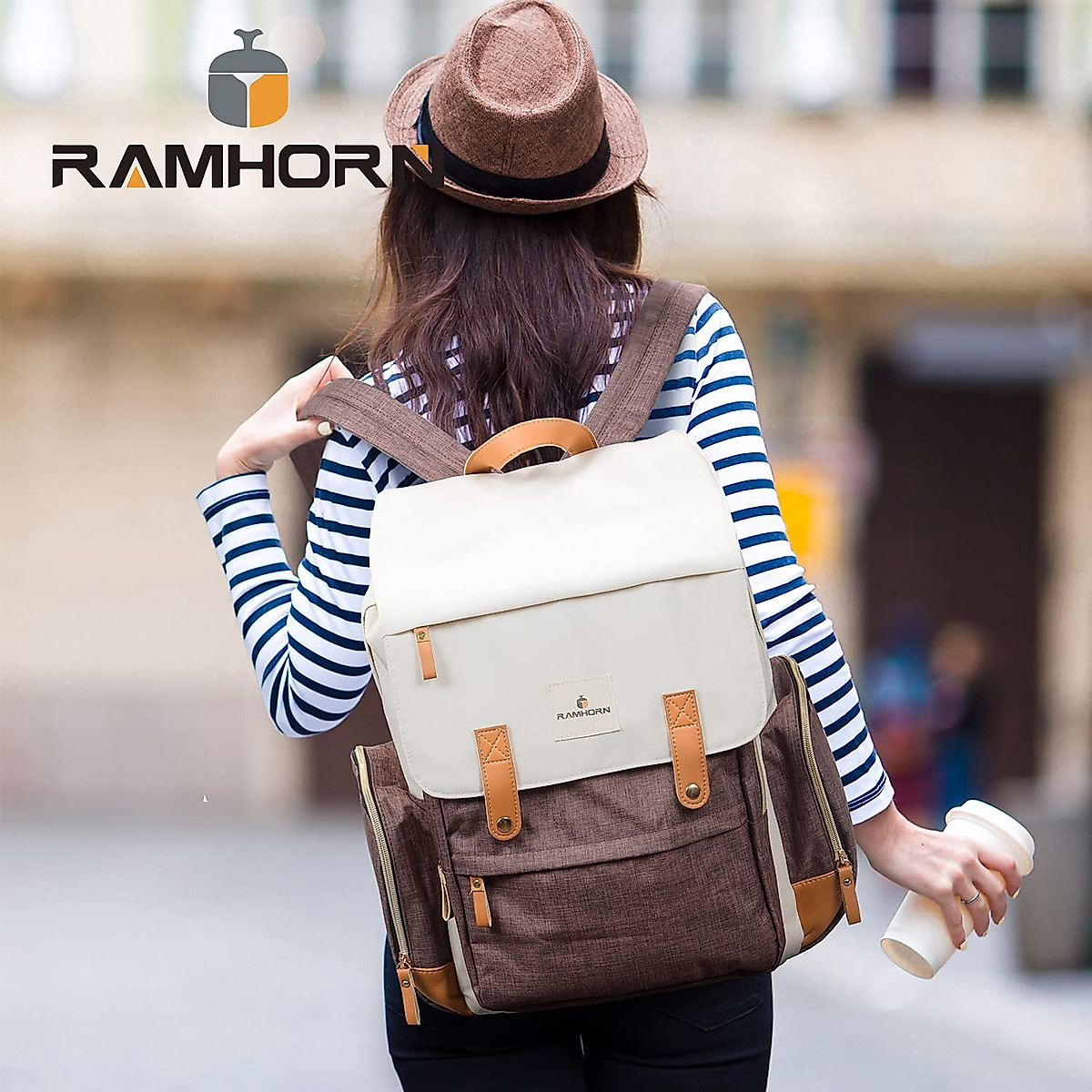 Ramhorn Diaper Bag Multifunction Travel Backpacks for Mom with Insulated Pockets and Laptop Compartment, brown