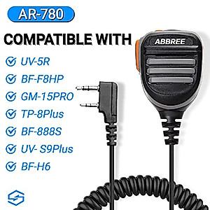 ABBREE AR-780 Two Way Radio Rainproof Handheld Speaker Mic Microphone(Upgrade of BF-S112), Remote Shoulder Mic for GMRS Radio Baofeng UV-5R BF-F8HP UV-5RX3 GM-15PRO TP-8Plus BF-888S S9Plus Ham Radio