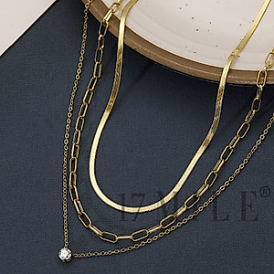 17 MILE Gold Layered Choker Necklace for Women, 14K Real Gold Plated CZ Pendant Necklace, Dainty Flat Snake Chain Layering Necklace