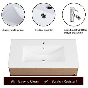 Ymlpre Floating Bathroom Vanity 36 Inch, Wall Mounted Bathroom Cabinet Sink Combo Set with 2 Doors, Ceramic Basin Sink Float Mounting Bathroom Vanity Cabinet for Washroom, 36 Inch Light Oak