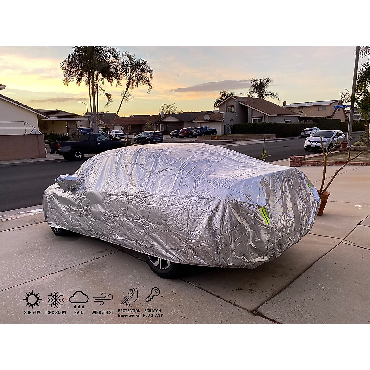 Tecoom Heavy Duty Multiple Layers Car Cover All Weather Waterproof Windproof Reflective Snow Sun Rain Protective Outdoor with Buckles and Belt Fit 191-200 Inches Sedan