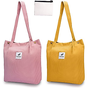 Diesisa Tote bag, 2-Pack Canvas Tote bag for women + Purse, Reusable Corduroy Tote Bag Shoulder Bag with inner zipper pocket for women girls Gift - (pink+yellow)