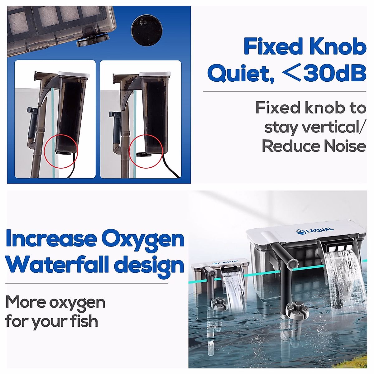 LAQUAL Aquarium Filter with Surface Skimmer, 30-50 Gallon Small Fish Tank Filter, Full Contact & 3 Layer Filtration, Quiet & Efficient, Waterfall Design for Increasing Oxygen, Hang on Back Filter