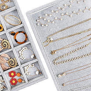 Mebbay Stackable Velvet Jewelry Trays Organizer, Jewelry Storage Display Trays for Drawer, Earring Necklace Bracelet Ring Organizer, Set of 4 (Grey)
