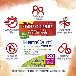 Boiron HemCalm Tablets for Hemorrhoid Relief of Pain, Itching, Swelling or Discomfort - 120 Count (Pack of 1)