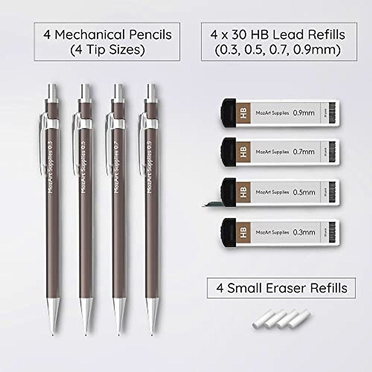 MozArt Mechanical Pencil Set with Case - 4 Sizes: 0.3, 0.5, 0.7 & 0.9mm with 30 HB Lead Refills Each & 4 Eraser Refills - Sketching, Architecture, Drawing Mechanical Pencils, Metal Mechanical Pencil